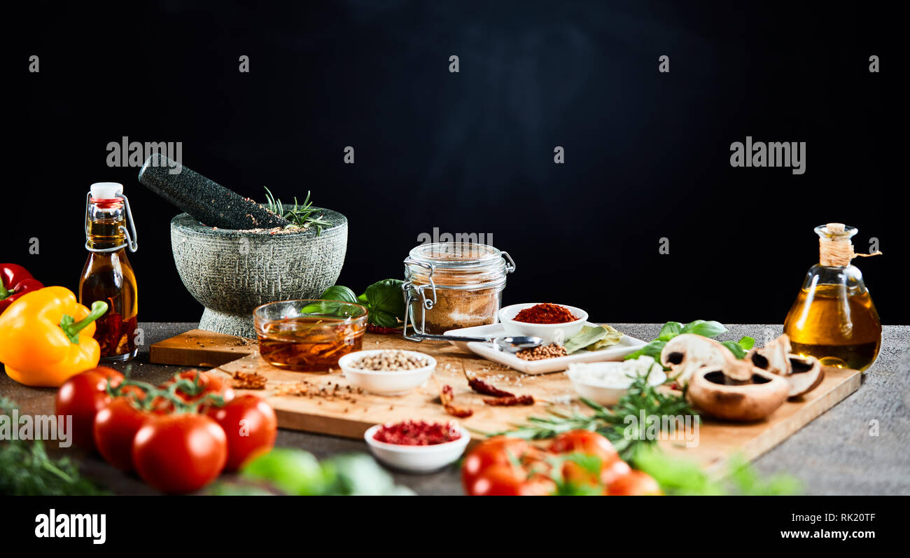 Mortar pestle cooking marinade spices olive oil barbecue hi-res stock ...