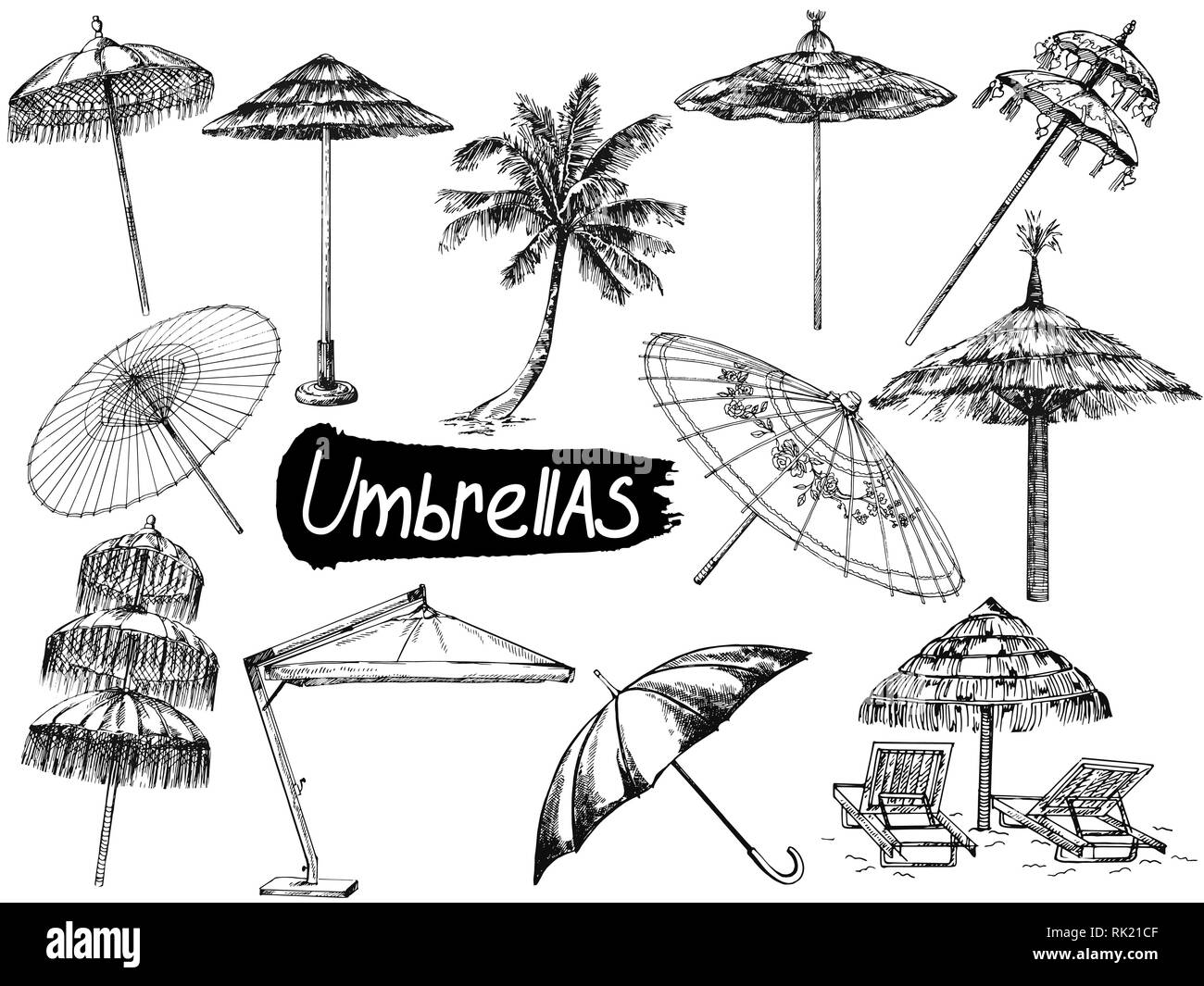 Set of hand drawn sketch style different umbrellas isolated on white ...