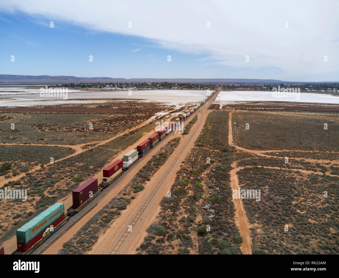 Container double decker freight train coming from Perth to Port Augusta ...