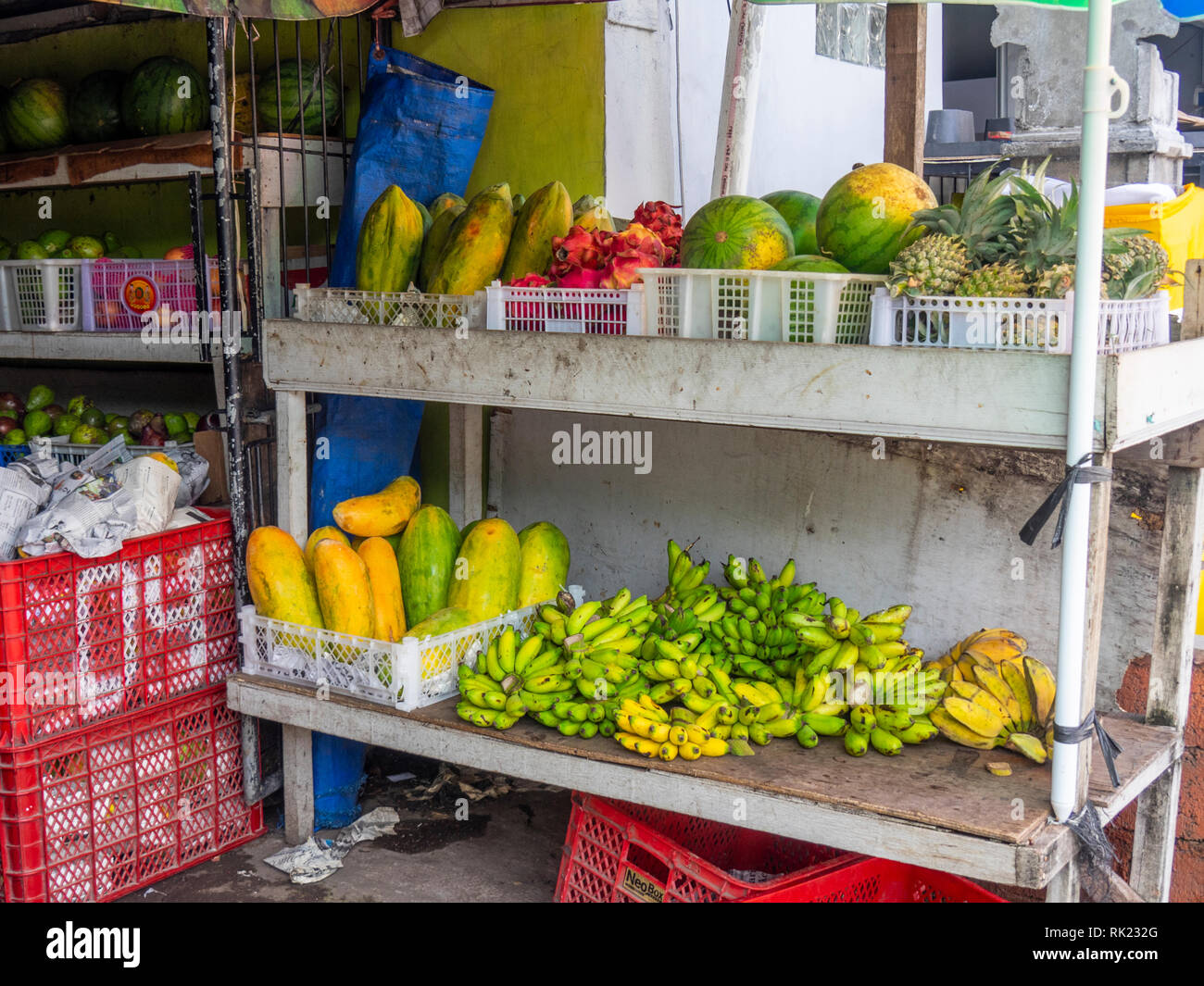 Fresh tropical fruit on display on shelves in a shop in Jimbaran, Bali ...