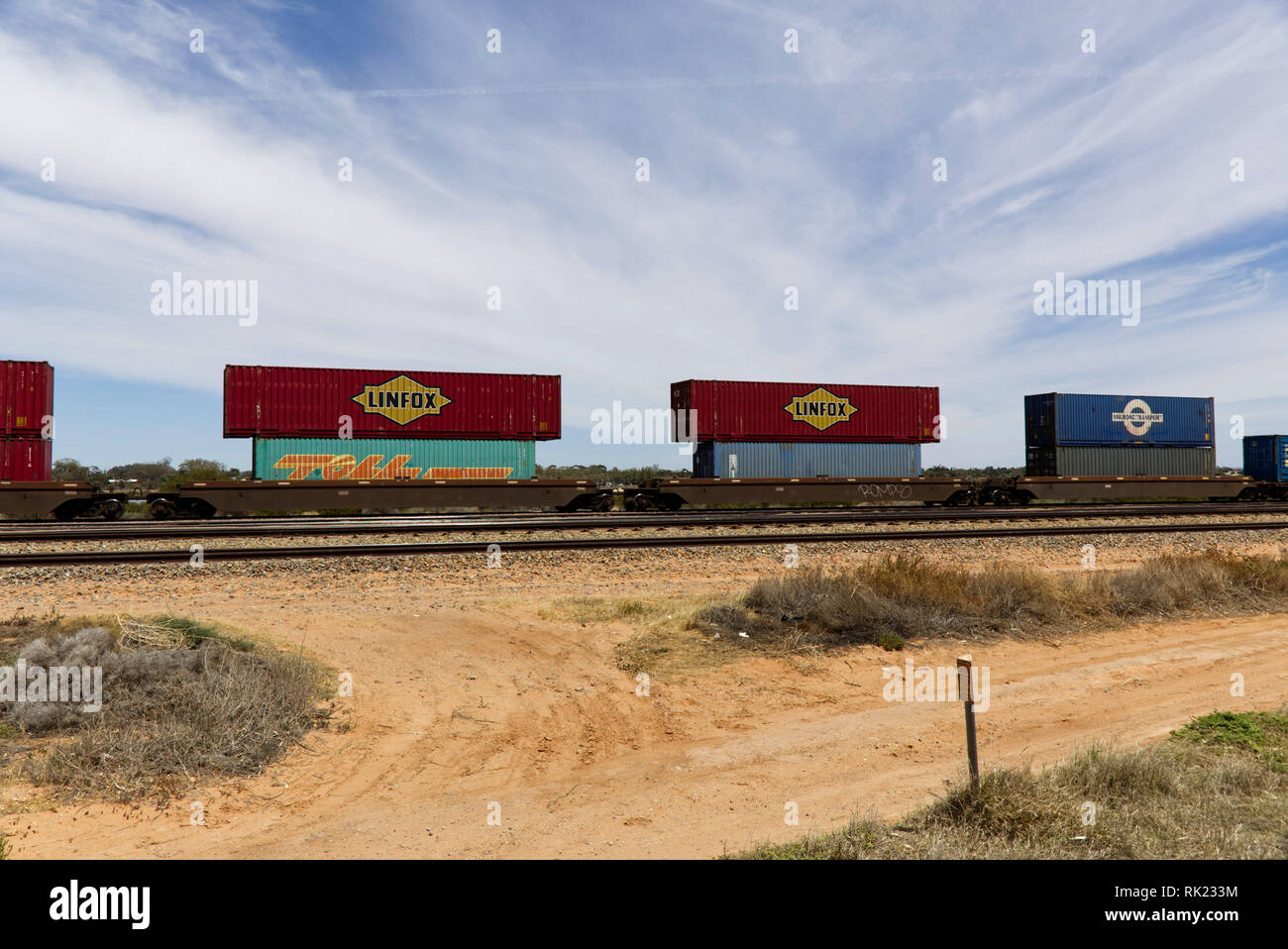 Double stacked shipping containers on a freight train at Port Augusta ...