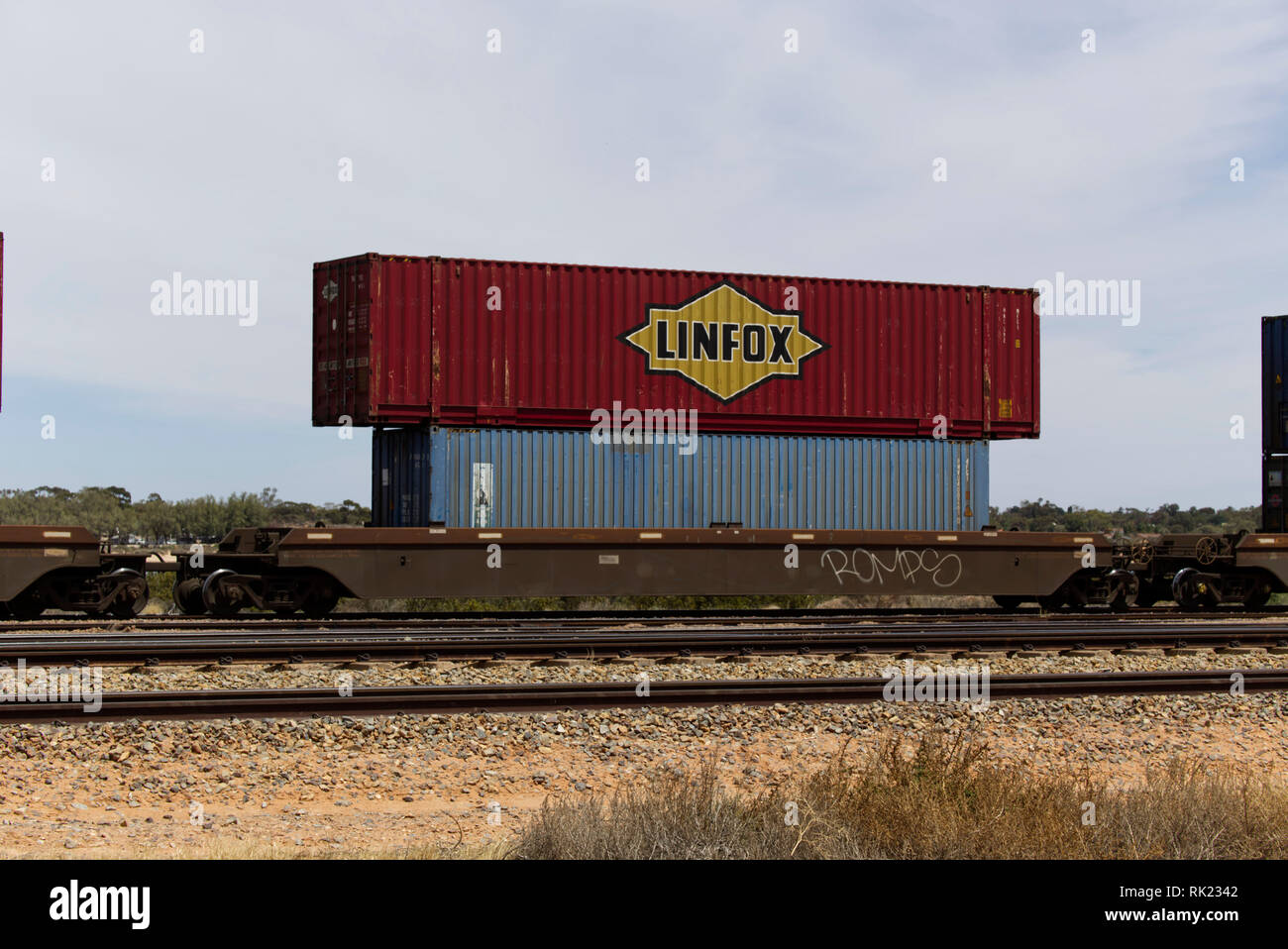Double stacked shipping containers on a freight train at Port Augusta ...