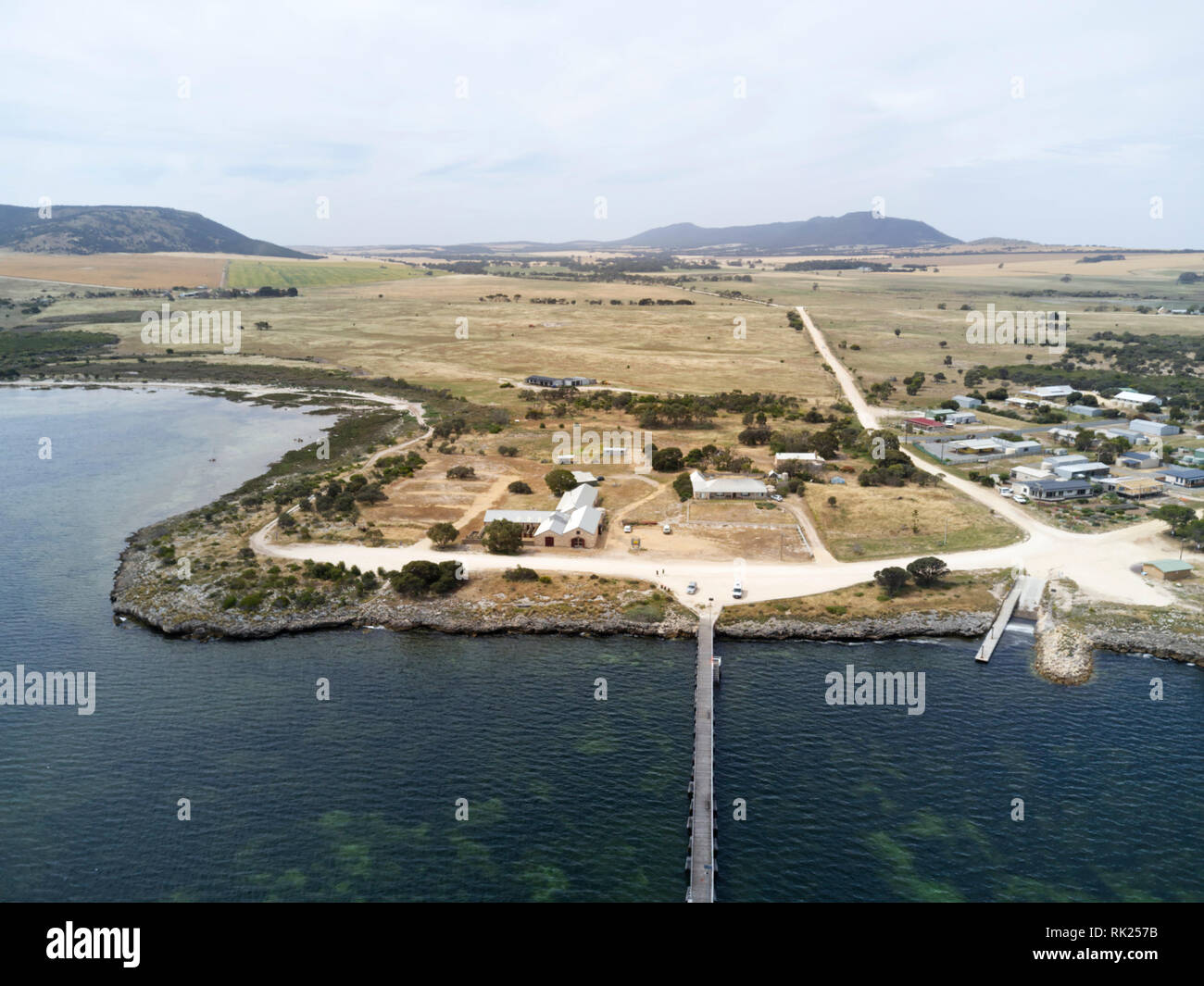 Aerial of the historic Mt Dutton Woolshed and Jetty Eyre Peninsula ...