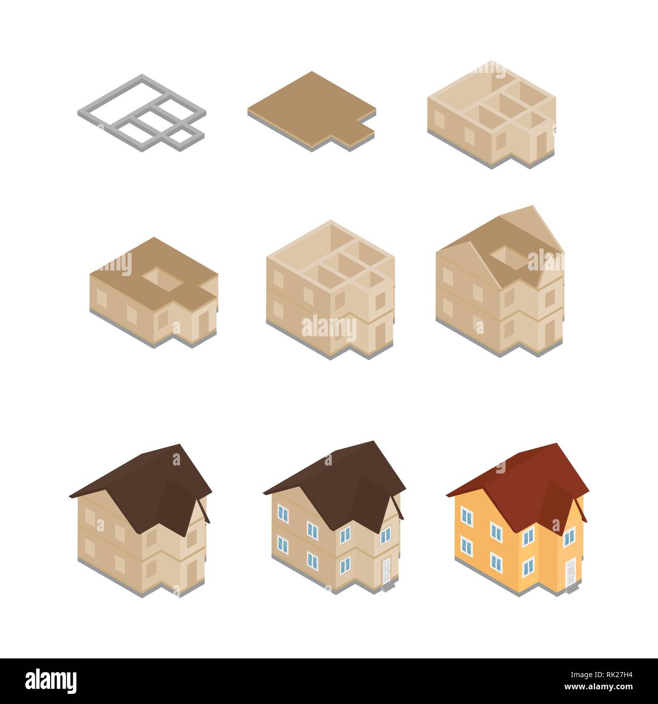 Vector illustration house, building construction phases isometric icons ...