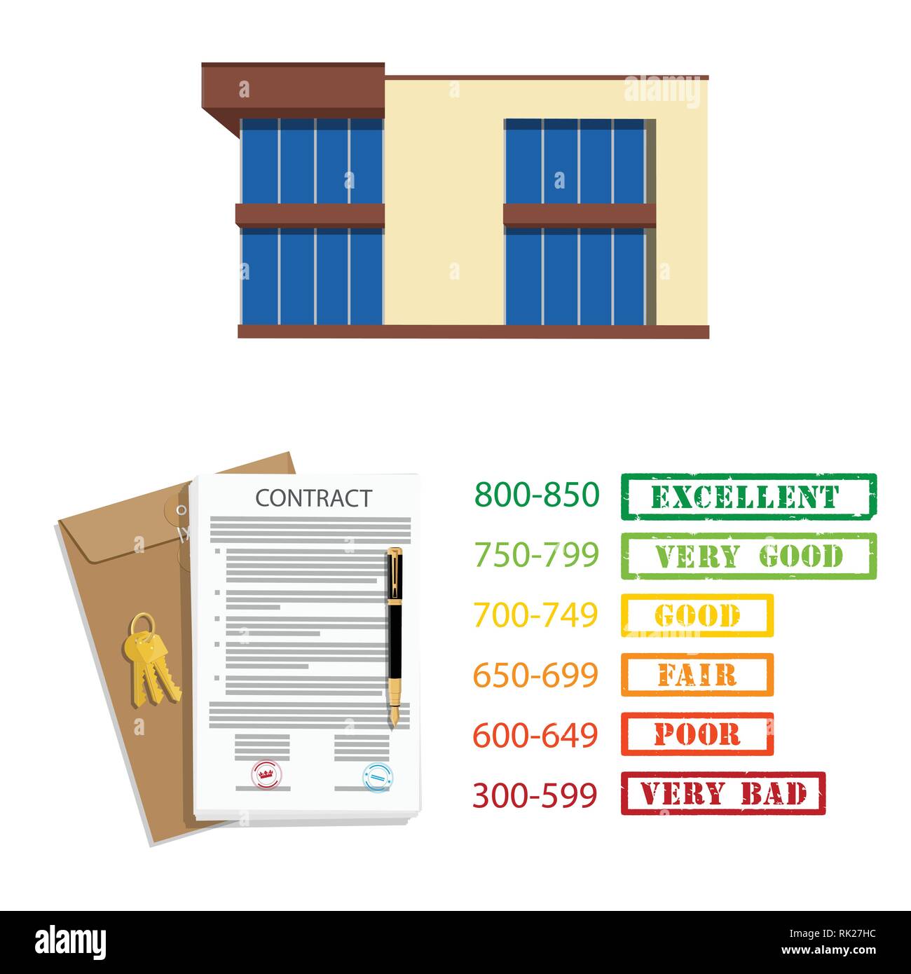 Mortgage loan application, contract, credit score table with house key ...