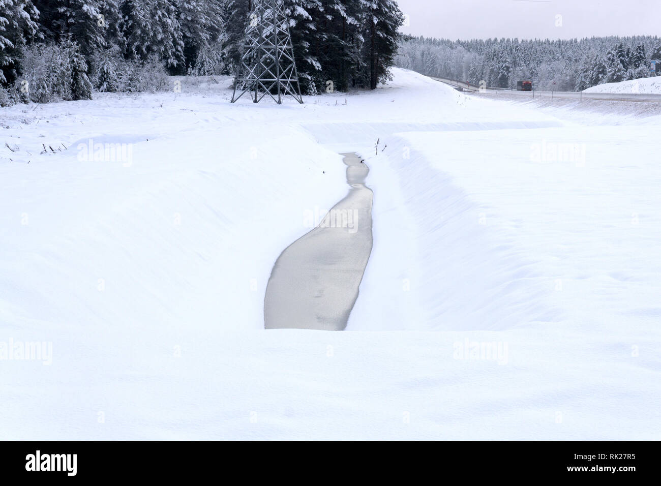 Snow on log over the water grey horizon lake Stock Photo - Alamy