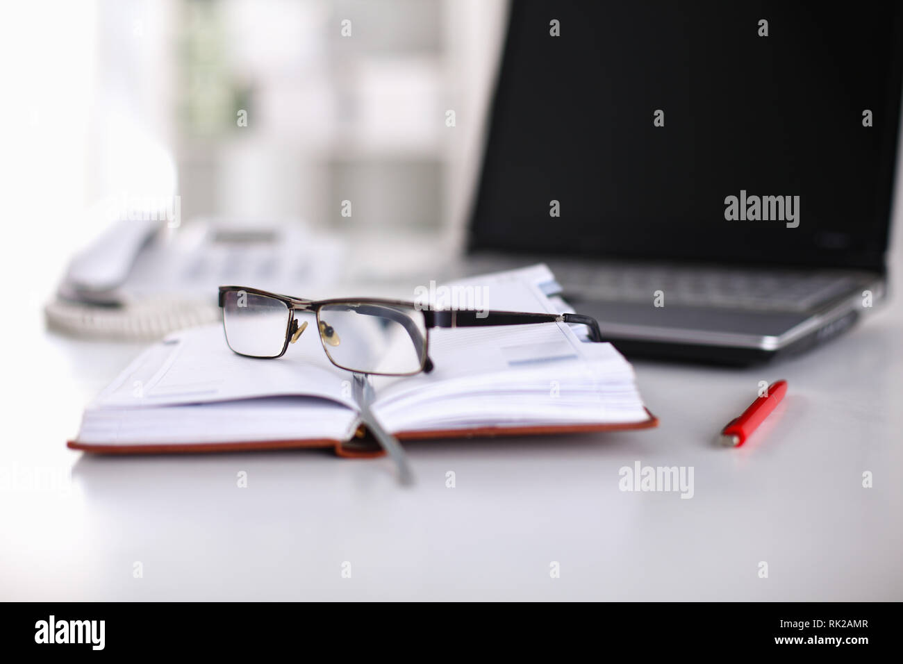Workspace desktop, documents on the office table Stock Photo - Alamy