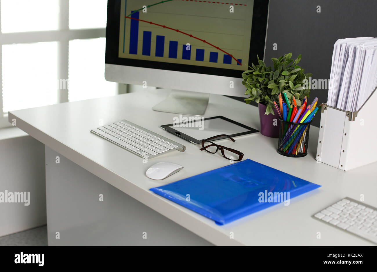Workspace desktop, documents on the office table Stock Photo - Alamy