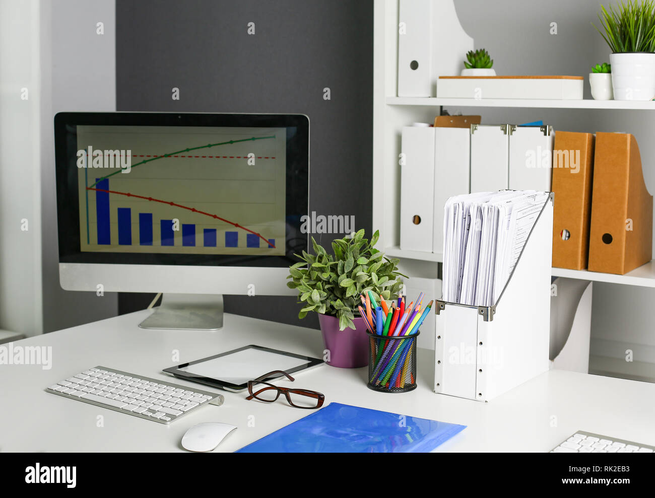 Workspace desktop, documents on the office table Stock Photo - Alamy
