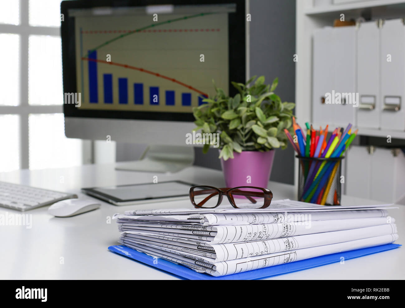 Workspace desktop, documents on the office table Stock Photo - Alamy