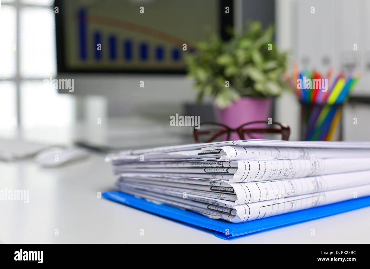 Workspace desktop, documents on the office table Stock Photo - Alamy