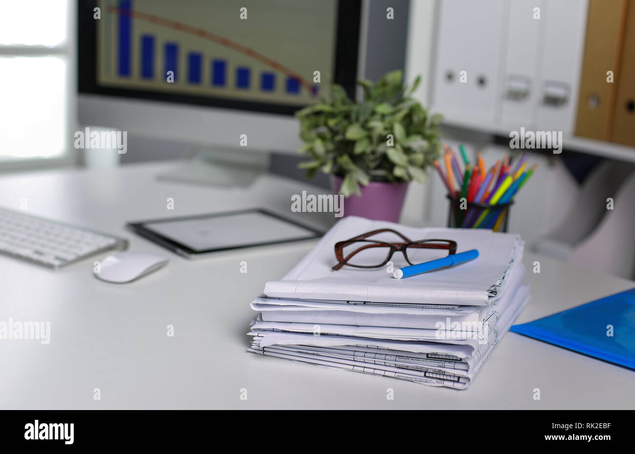 Workspace desktop, documents on the office table Stock Photo - Alamy