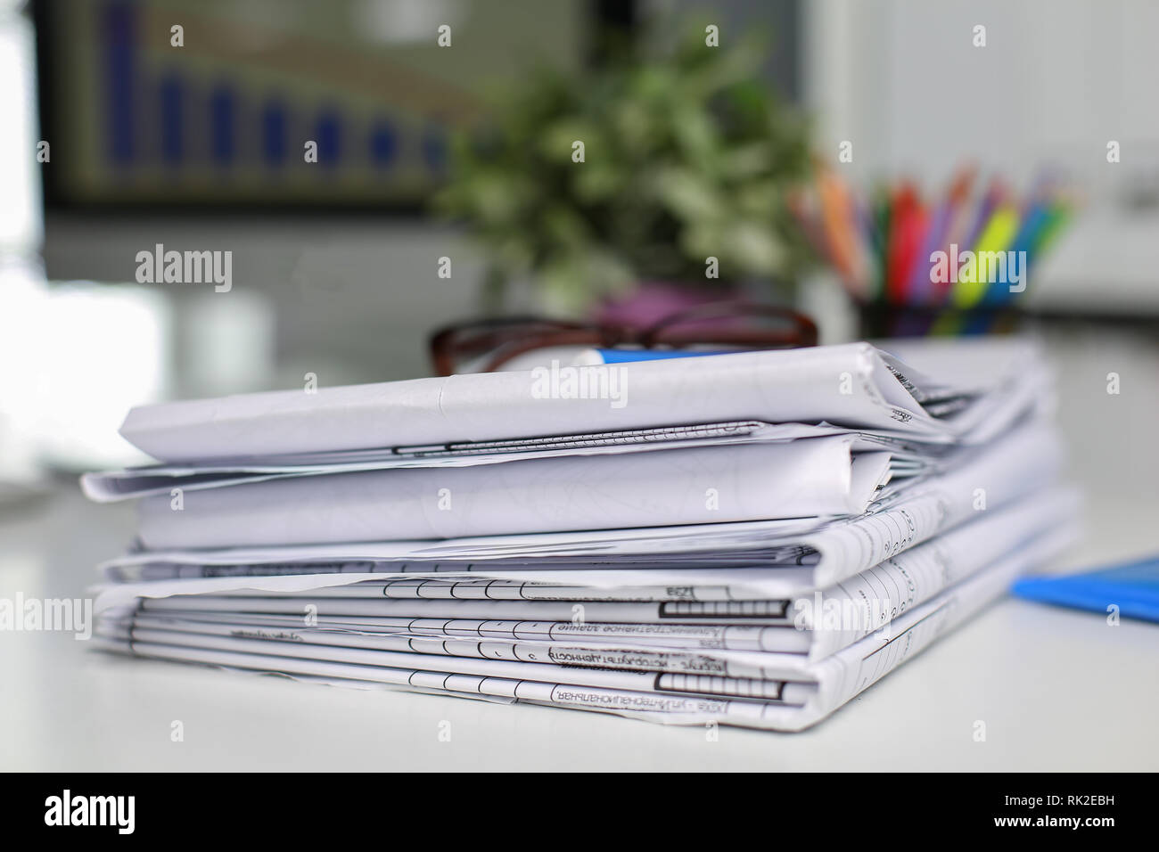 Workspace desktop, documents on the office table Stock Photo - Alamy