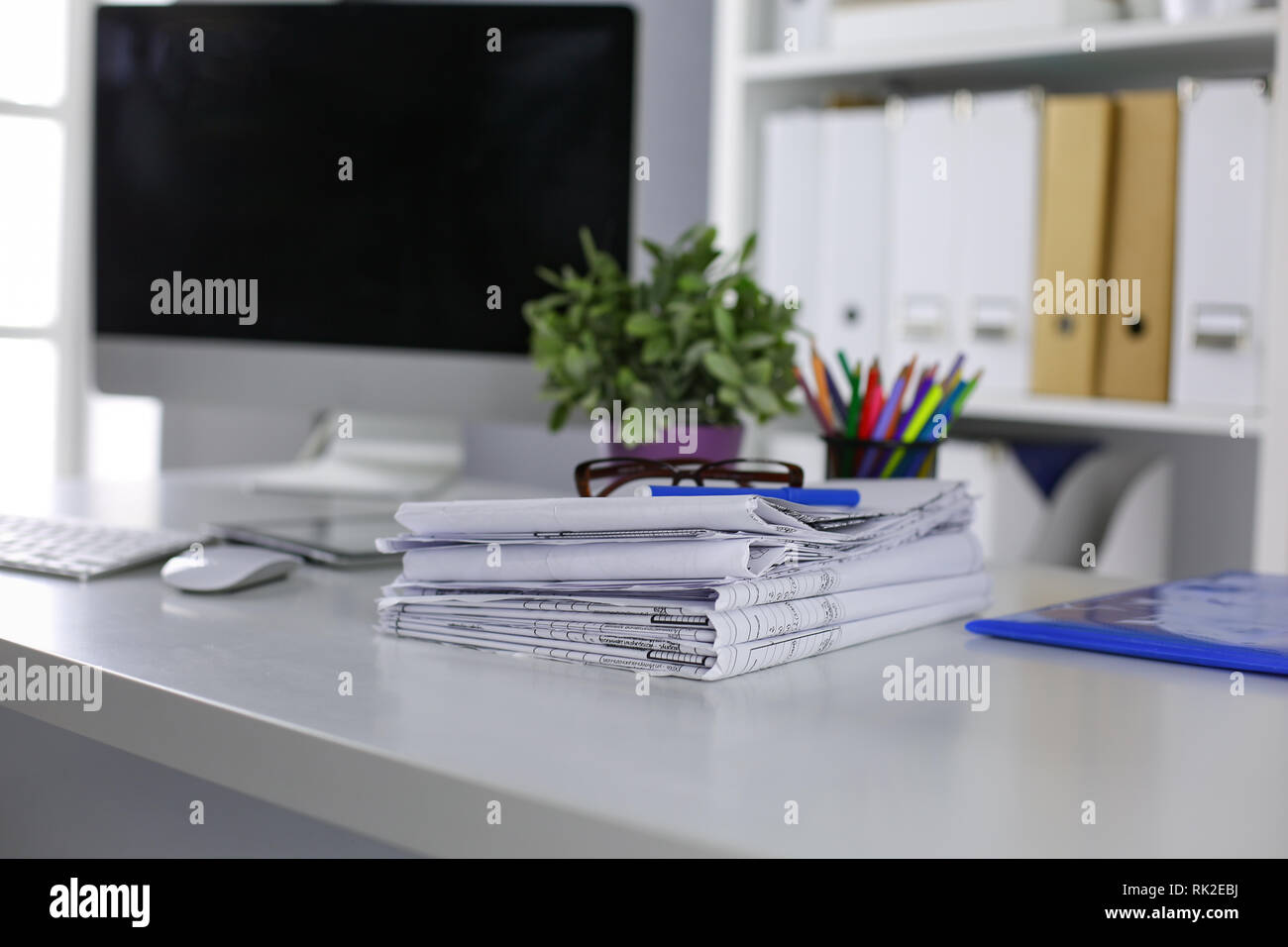 Workspace desktop, documents on the office table Stock Photo - Alamy