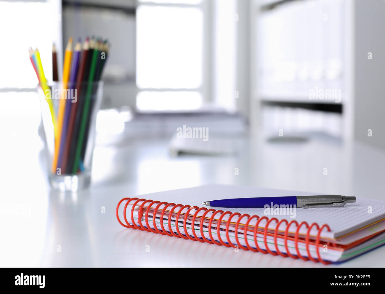 Workspace desktop, documents on the office table Stock Photo - Alamy
