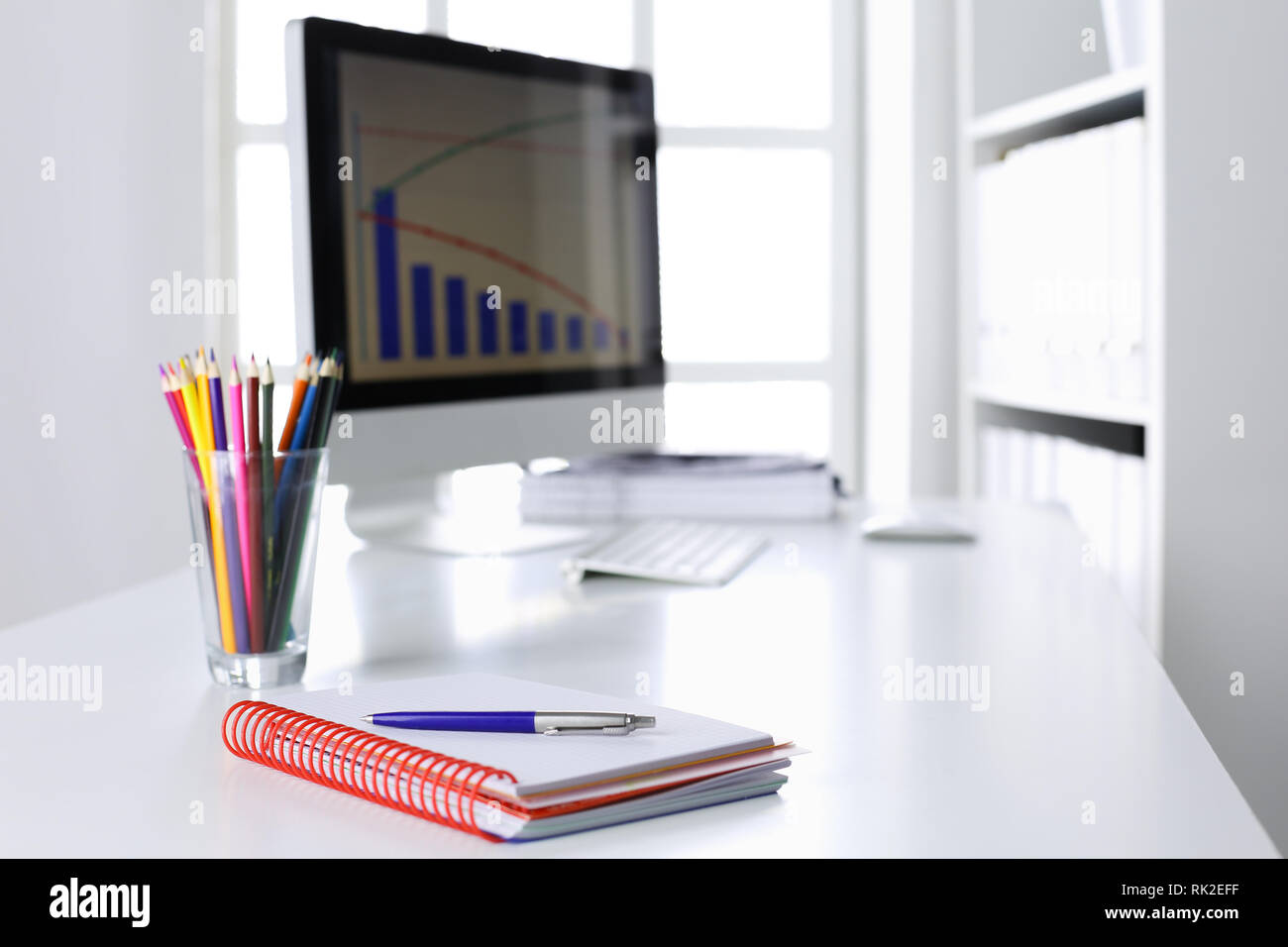 Workspace desktop, documents on the office table Stock Photo - Alamy
