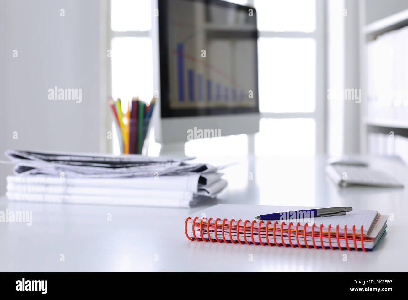Workspace desktop, documents on the office table Stock Photo - Alamy