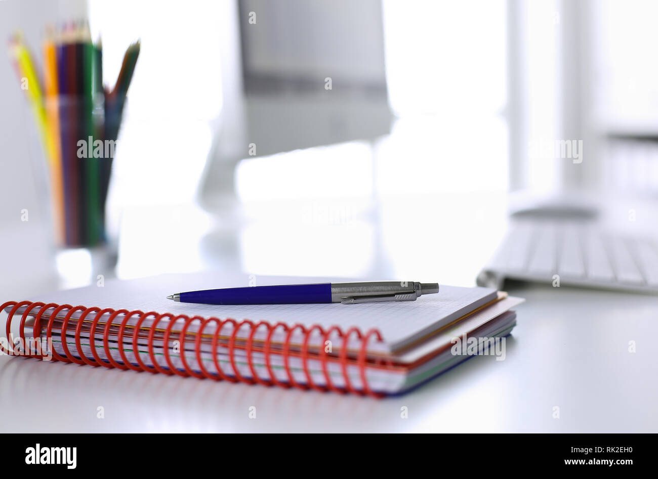 Workspace desktop, documents on the office table Stock Photo - Alamy