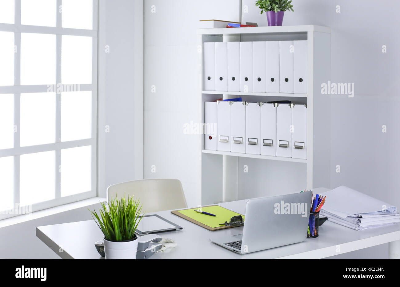 Workspace desktop, documents on the office table Stock Photo - Alamy