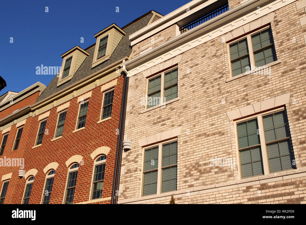 Architectural details of modern townhouses, low camera angle view ...