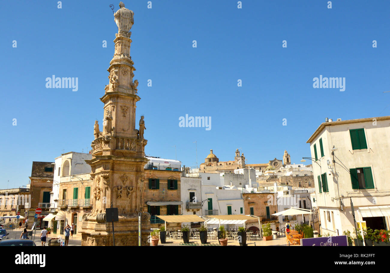 OSTUNI, ITALY - JULY 31, 2017: Main square wtih Saint Oronzo's column ...