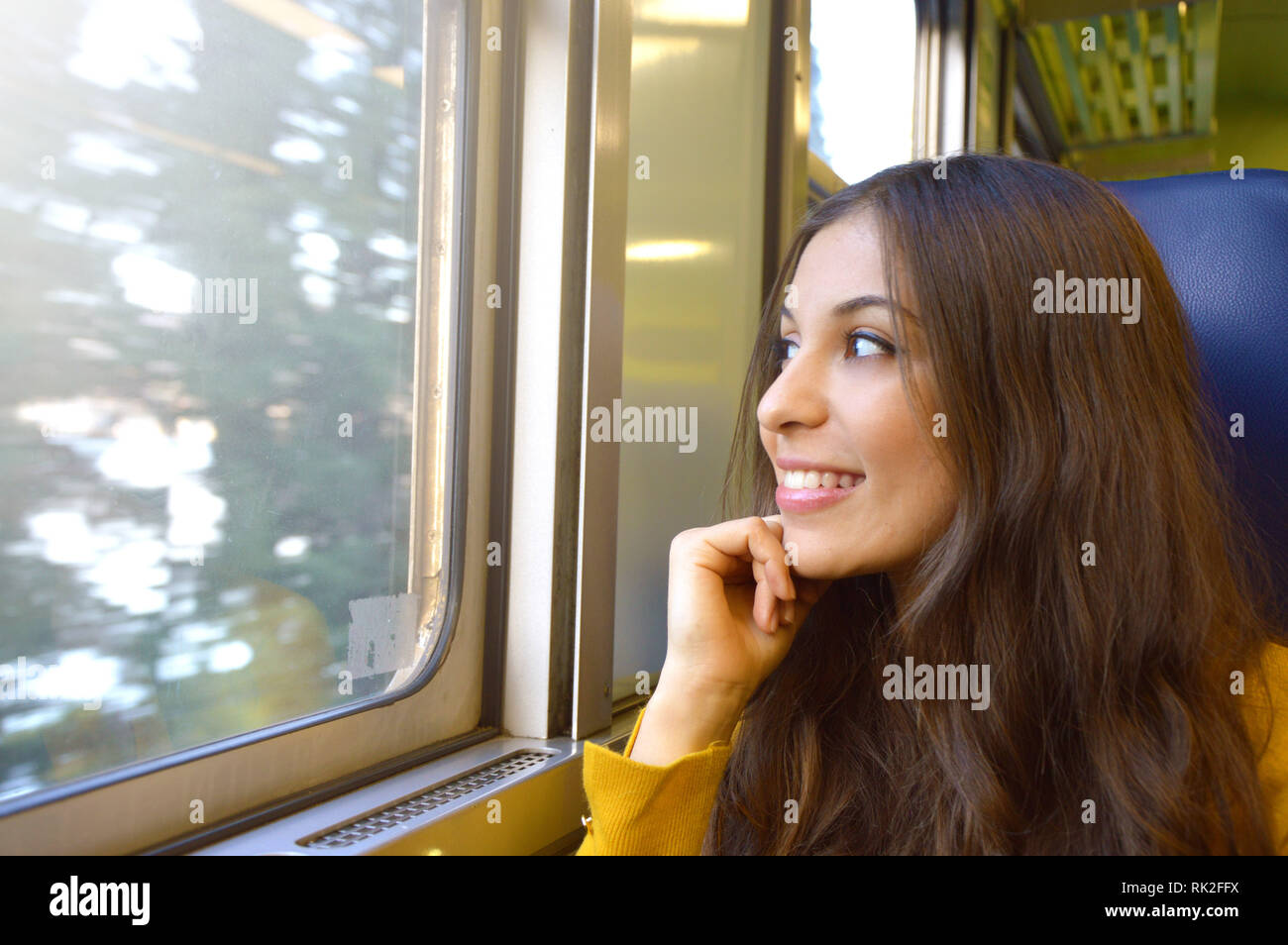 Smiling young woman traveling by train. Happy girl sitting in train ...
