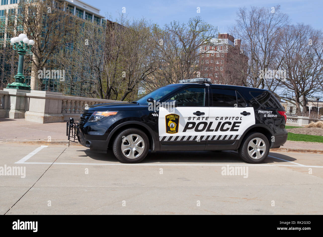 MADISON, WISCONSIN - May 10, 2014: A black and white Wisconsin State ...