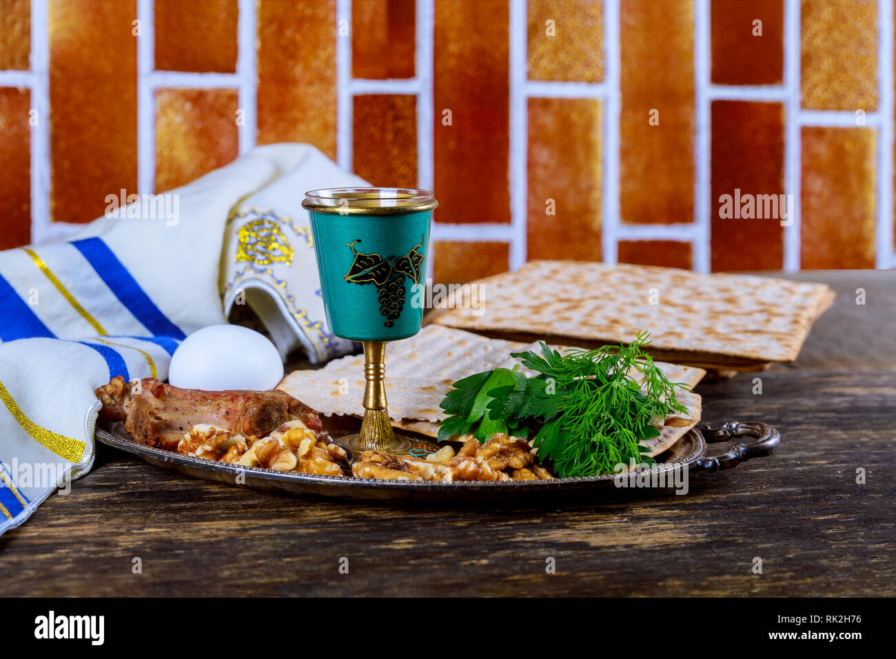 Table ready for traditional seder plate ritual the Jewish holiday of ...
