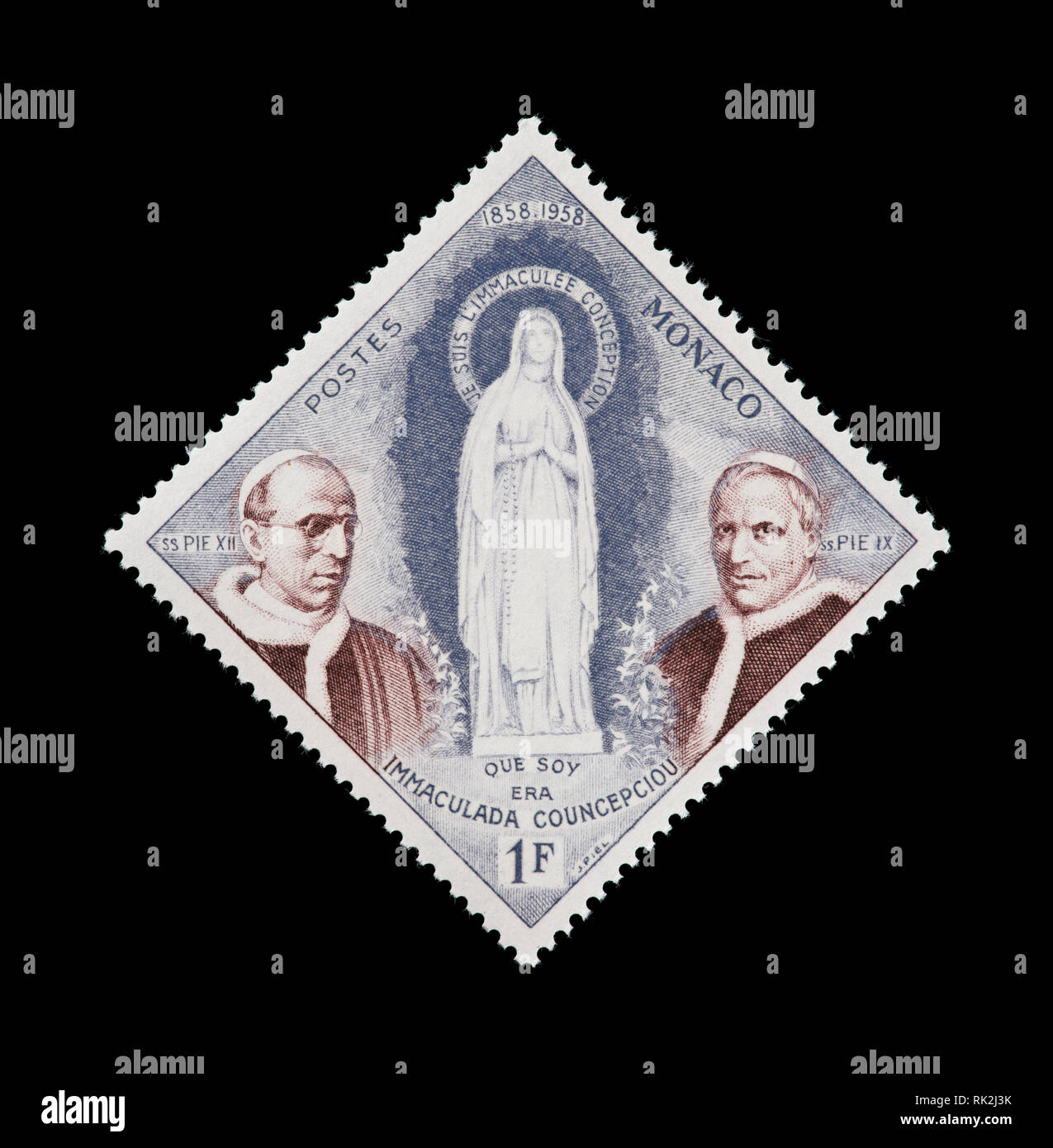 Postage stamp from Monaco depicting the Virgin Mary and Popes Pius IX ...