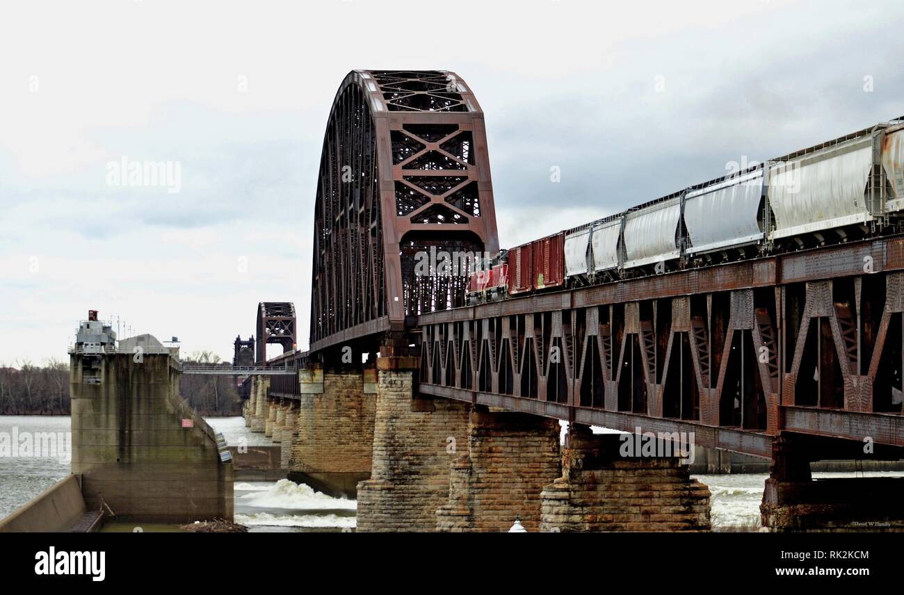 Freight train crossing the 14th Street railroad bridge from Louisville ...