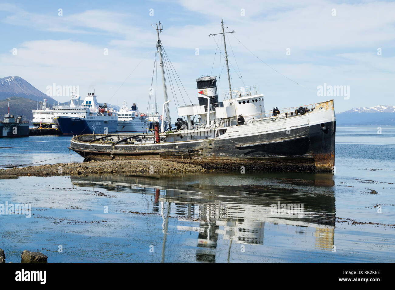 Southernmost city in the world. Beached ship on Ushuaia port, Argentina ...