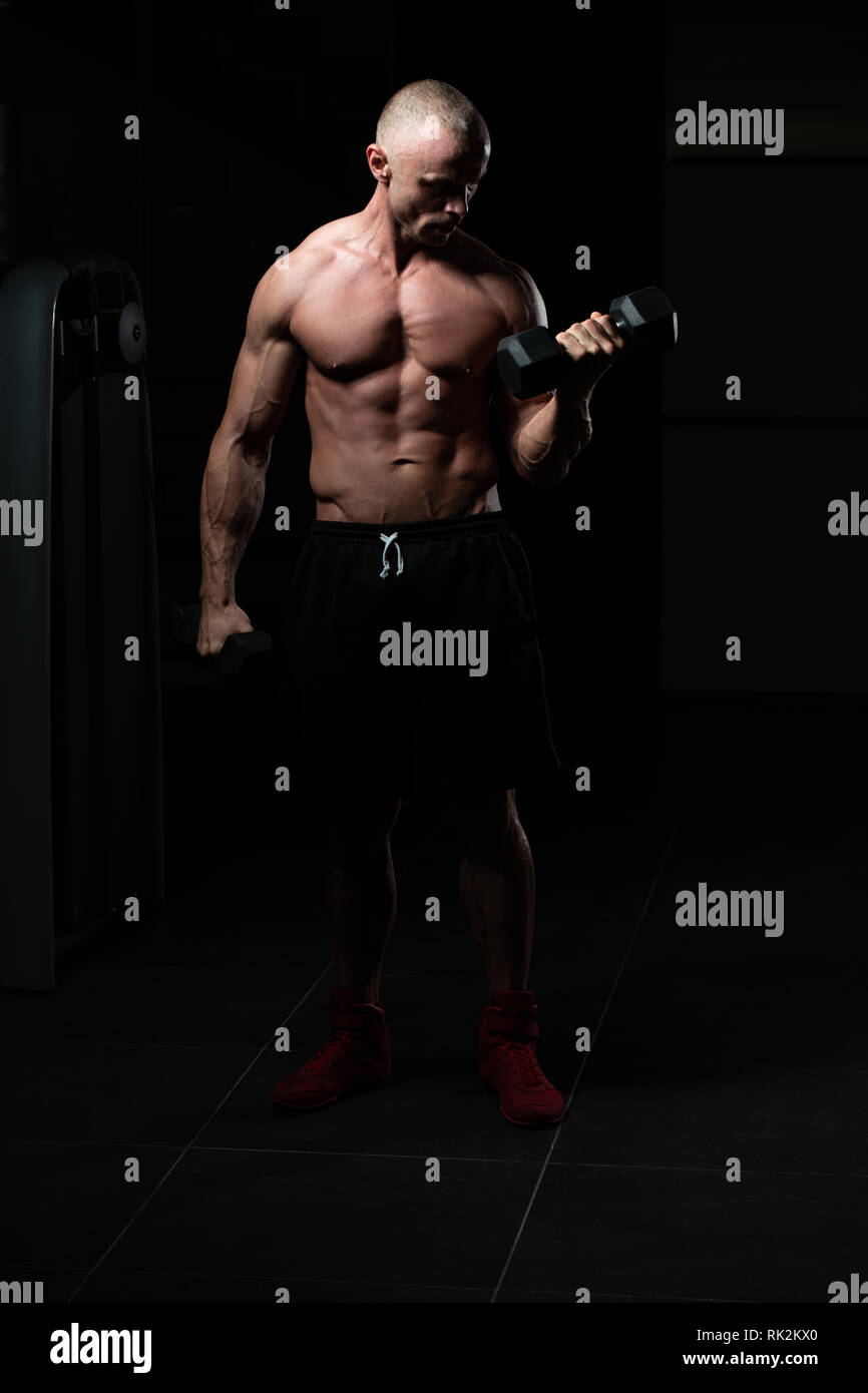 Man Working Out Biceps In A Gym - Dumbbell Concentration Curls Stock ...