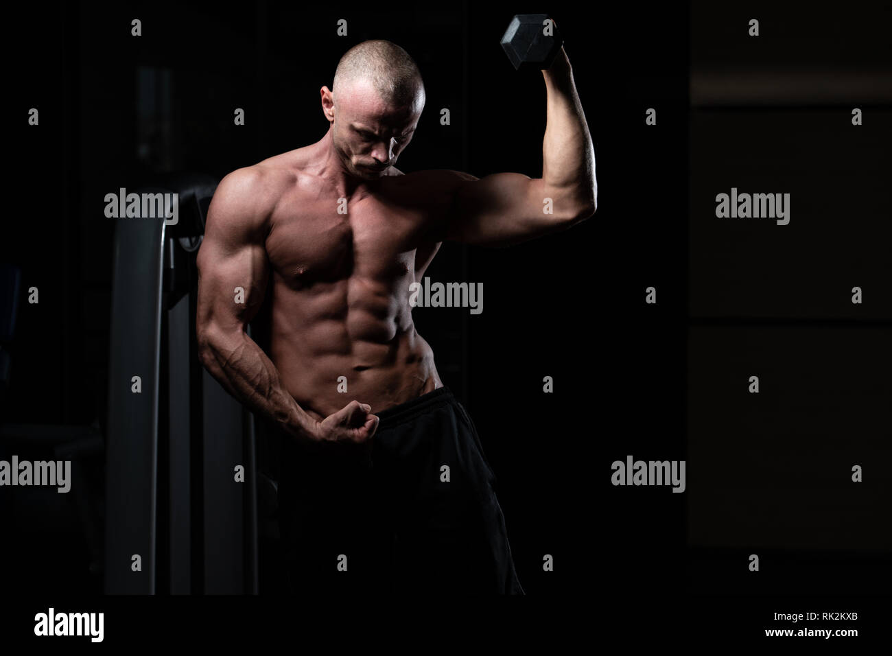 Man Working Out Biceps In A Gym - Dumbbell Concentration Curls Stock ...