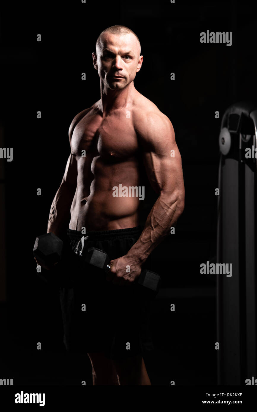 Athlete Working Out Biceps In A Gym - Dumbbell Concentration Curls ...