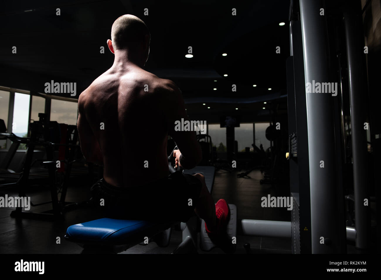 Handsome Bodybuilder Doing Heavy Weight Exercise For Back On Machine ...