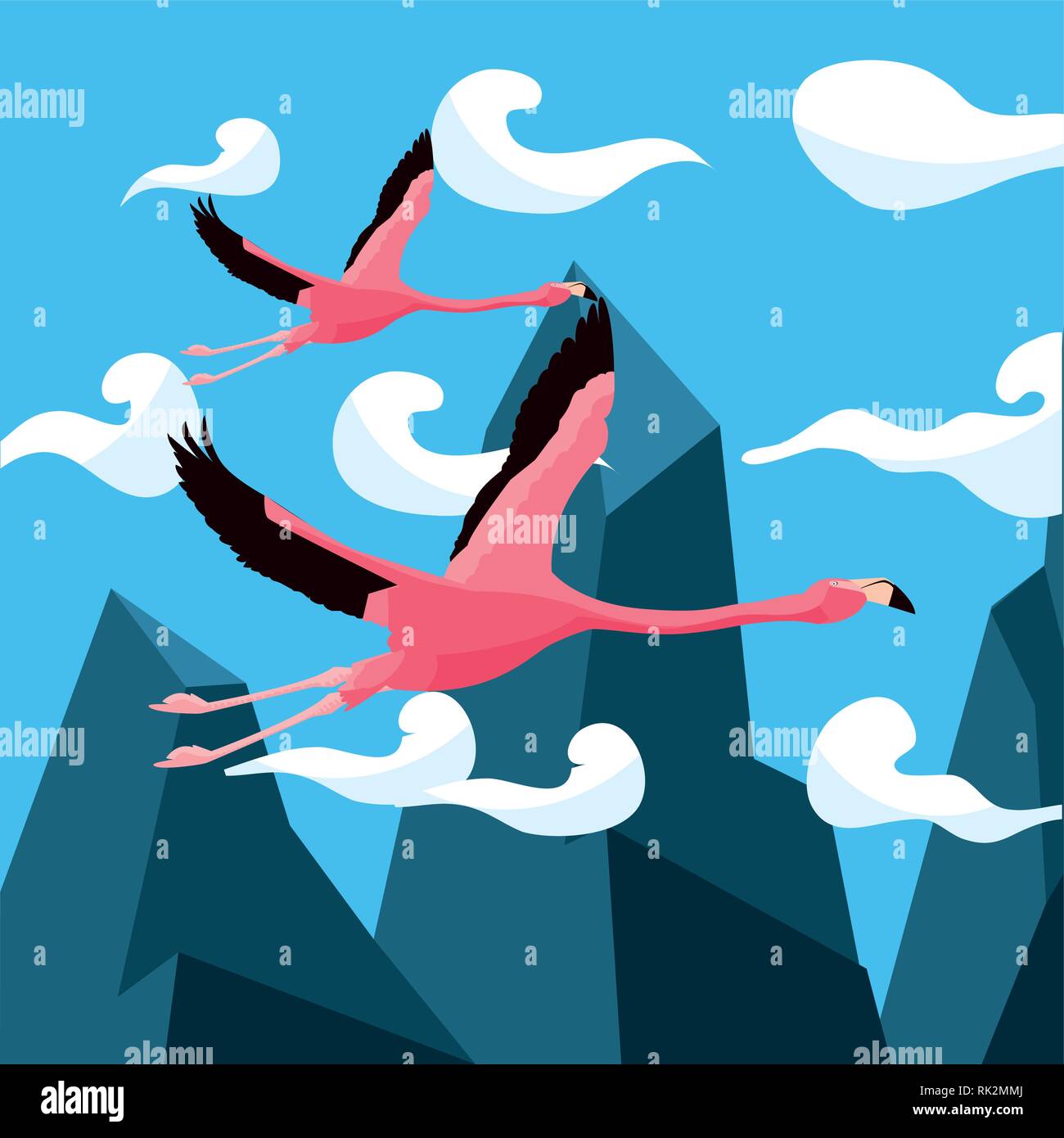 tropical flying flamingos in the landscape vector illustration Stock ...