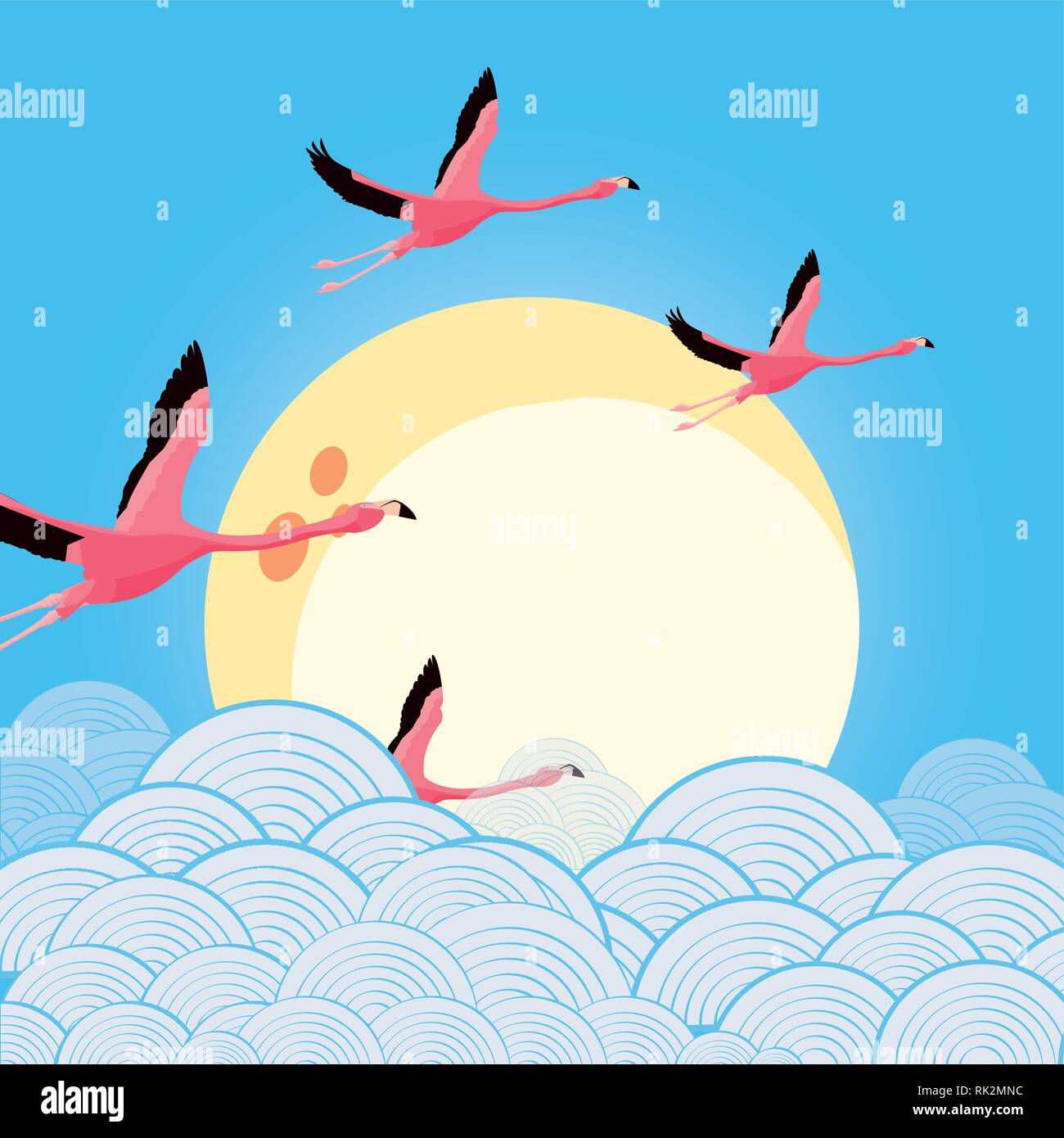 flying tropical flamingos in the sky vector illustration Stock Vector ...