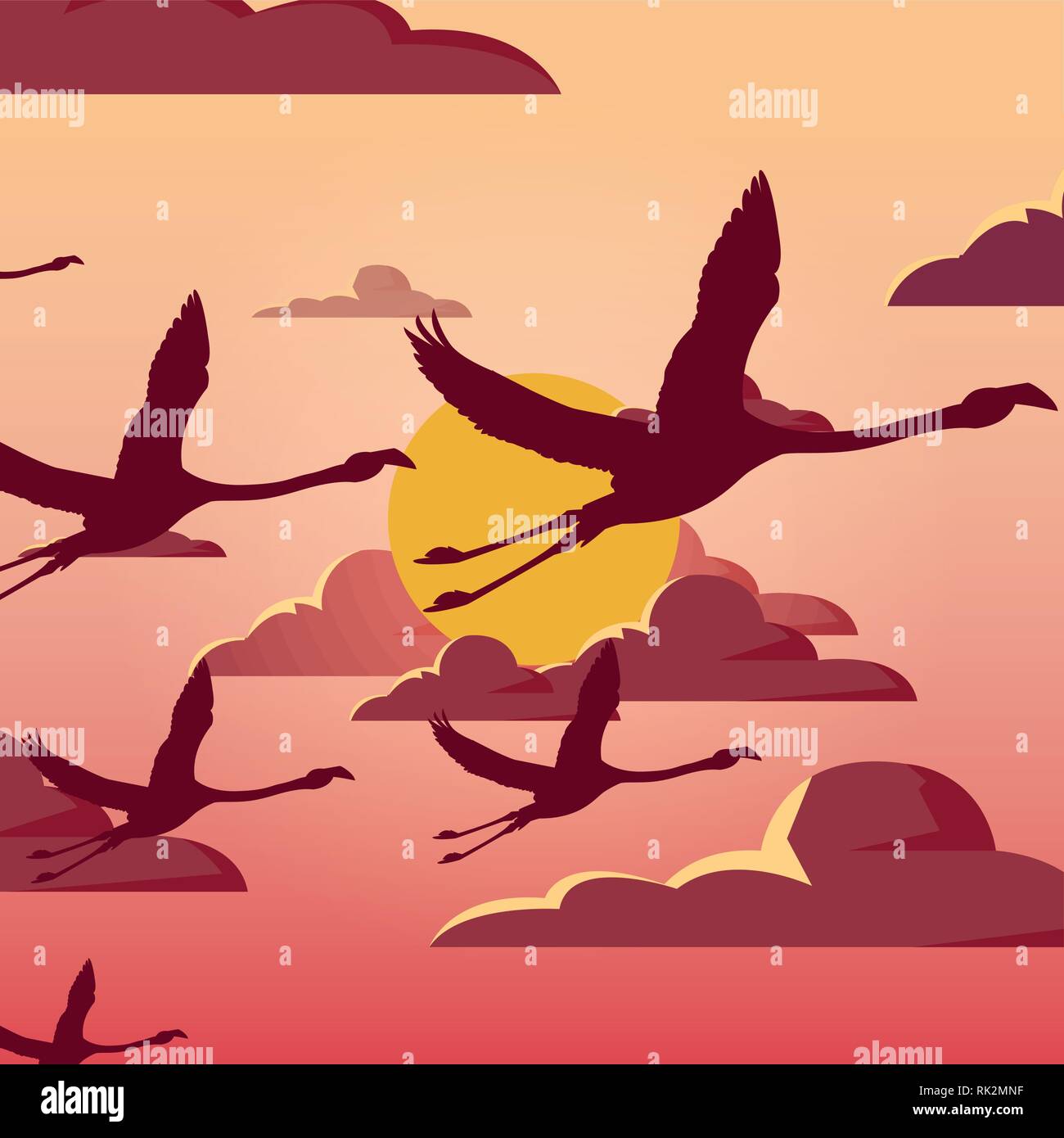 flying tropical flamingos in the sky sunset vector illustration Stock ...
