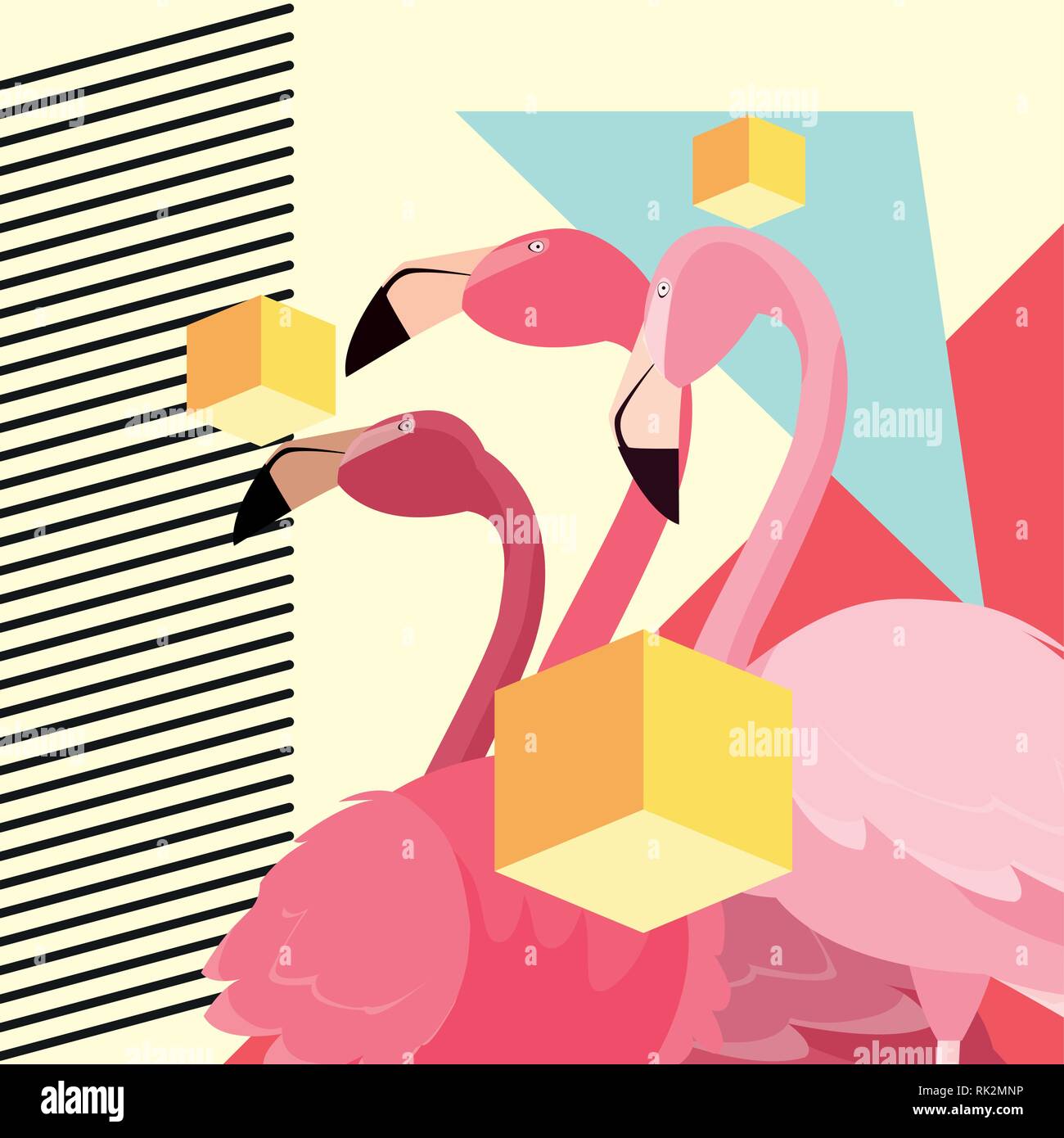tropical flamingos exotic memphis background design vector illustration ...