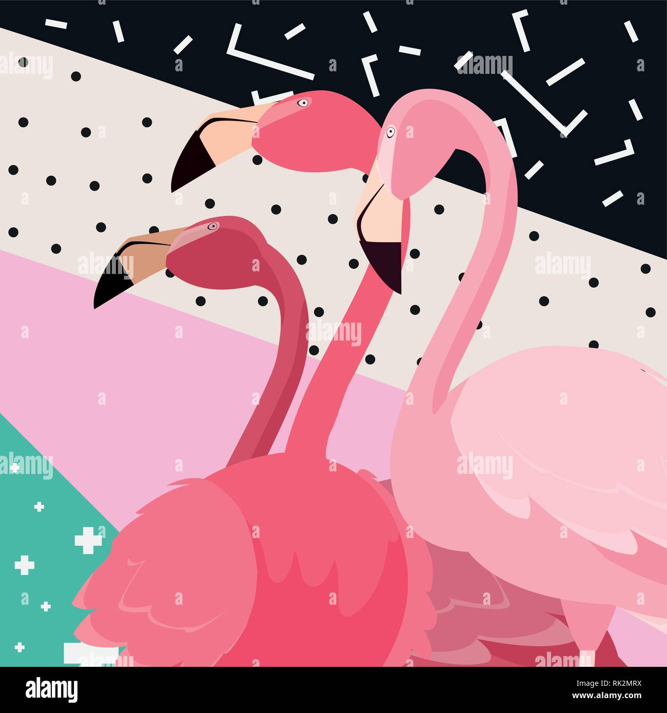 tropical flamingos exotic memphis background design vector illustration ...