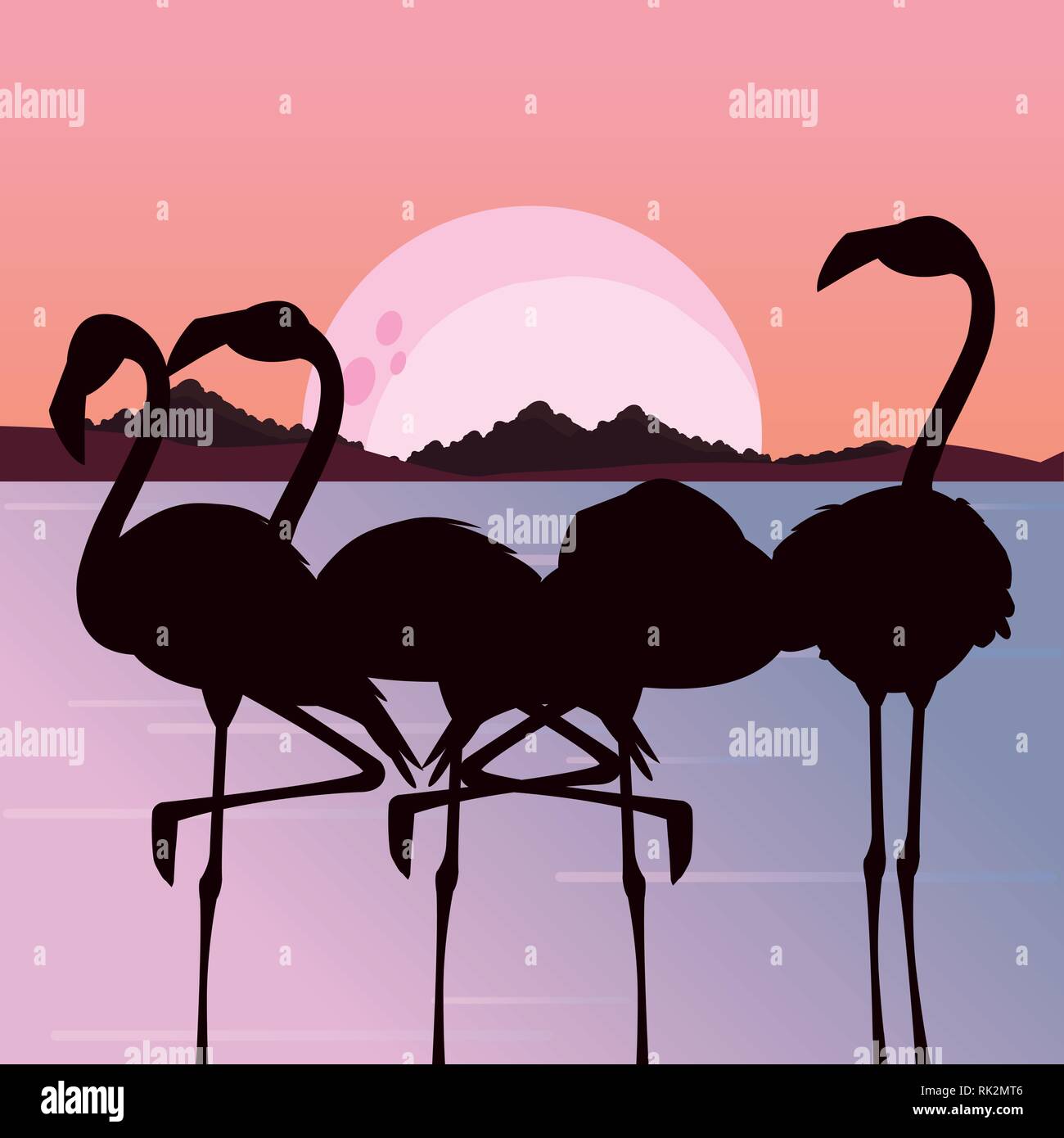 tropical flamingo in the sunset panorama vector illustration Stock ...