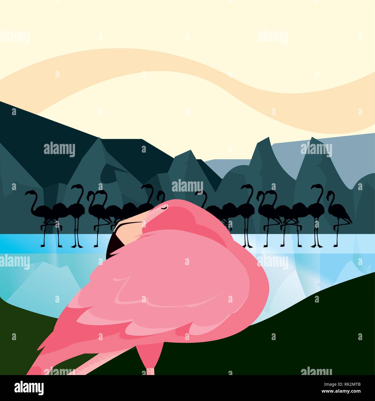 flamingo in the water landscape vector illustration Stock Vector Image ...