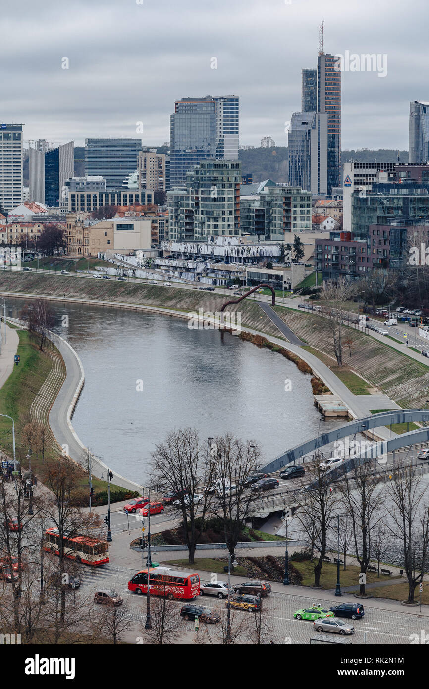 Vilnius, Lithuania, urban city view above Neris river, new glass ...