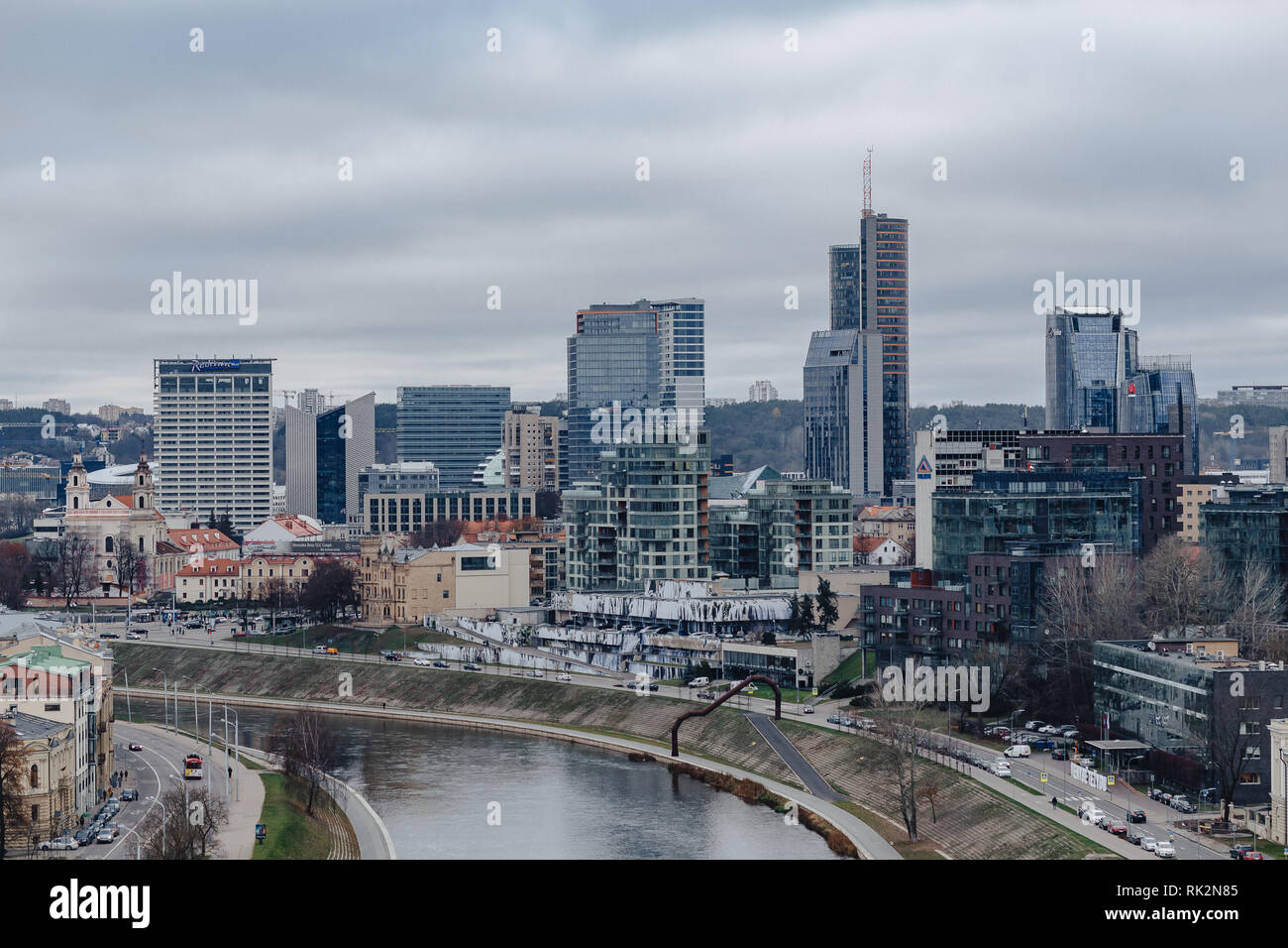 Vilnius, Lithuania, urban city view above Neris river, new glass ...