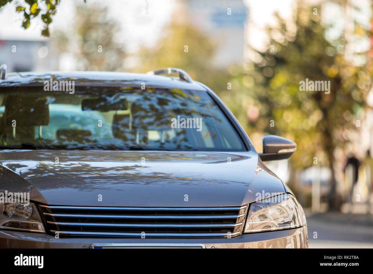Front view detail of gray shiny empty car parked on blurred green trees ...
