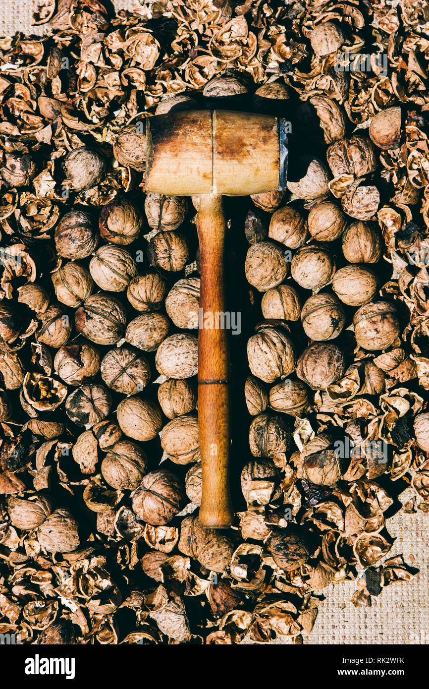 Cracked nuts with a hammer Stock Photo - Alamy