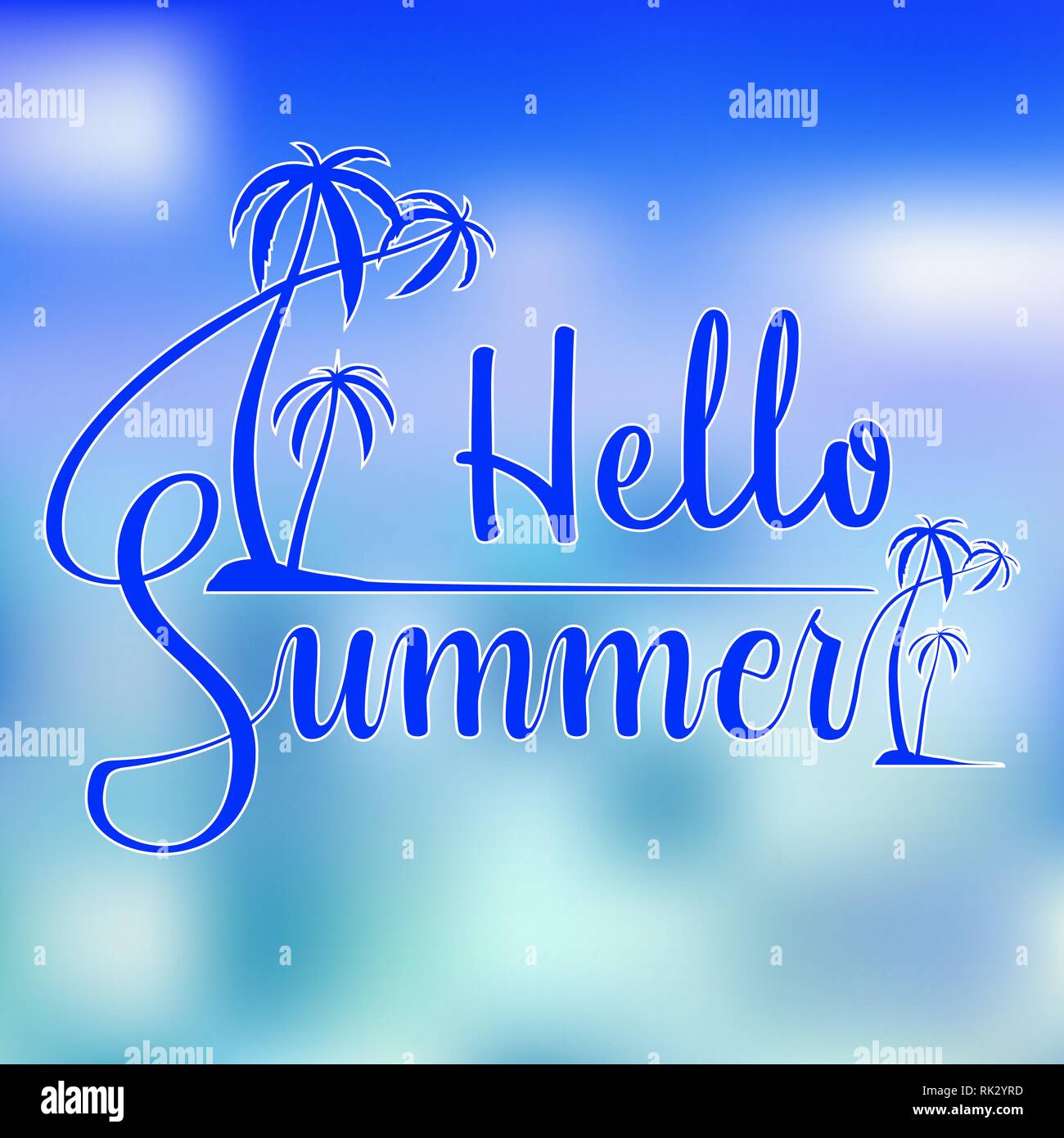 Hello Summer typography with palm trees on island and blurred sea ...