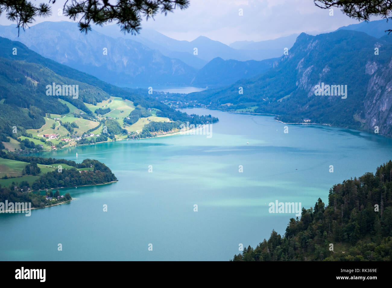 Mondsee lake, Austria - aerial view from Drachenwand ridge showing ...