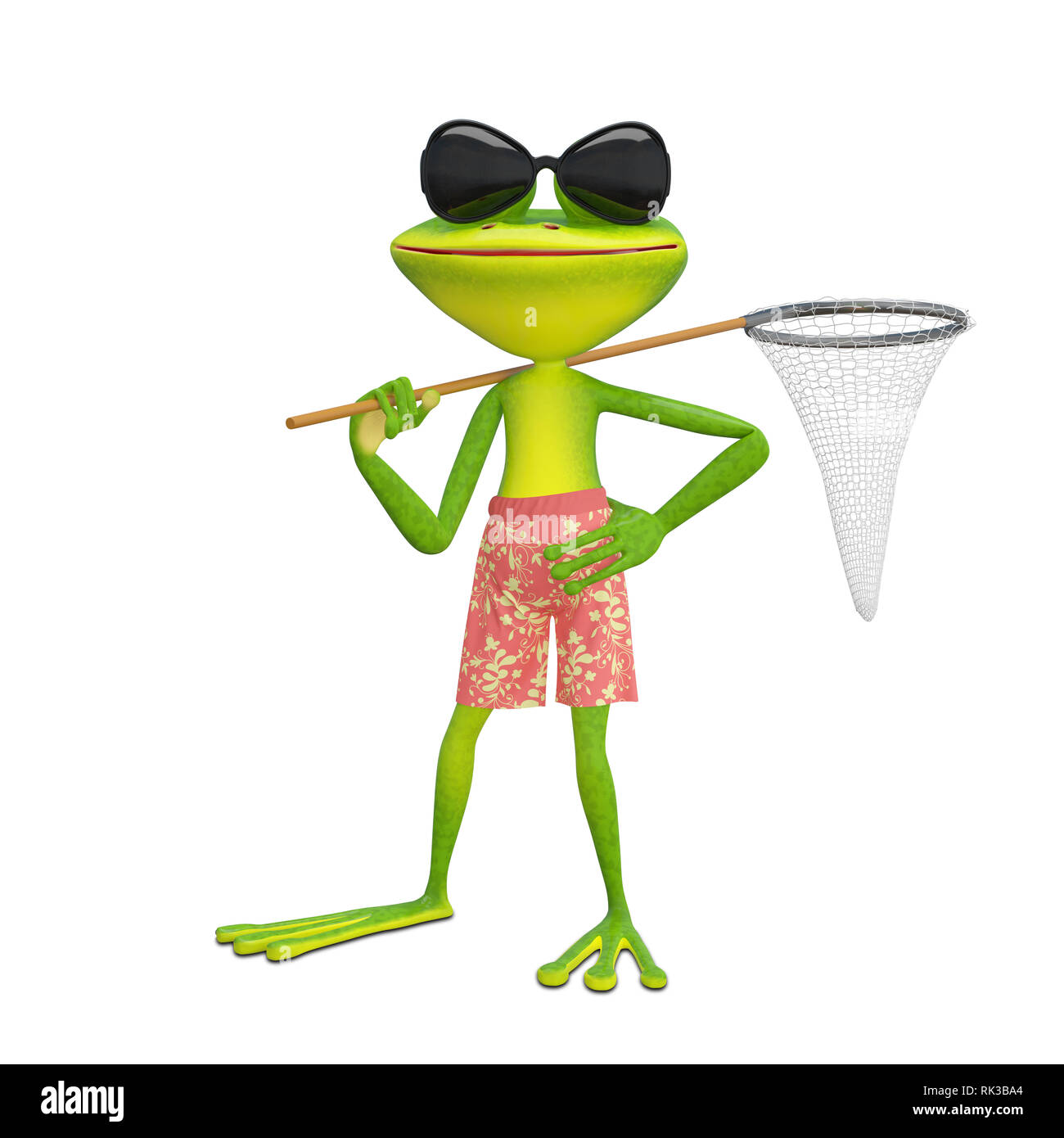 3D Illustration of a Frog with a Butterfly Net on a White Background ...