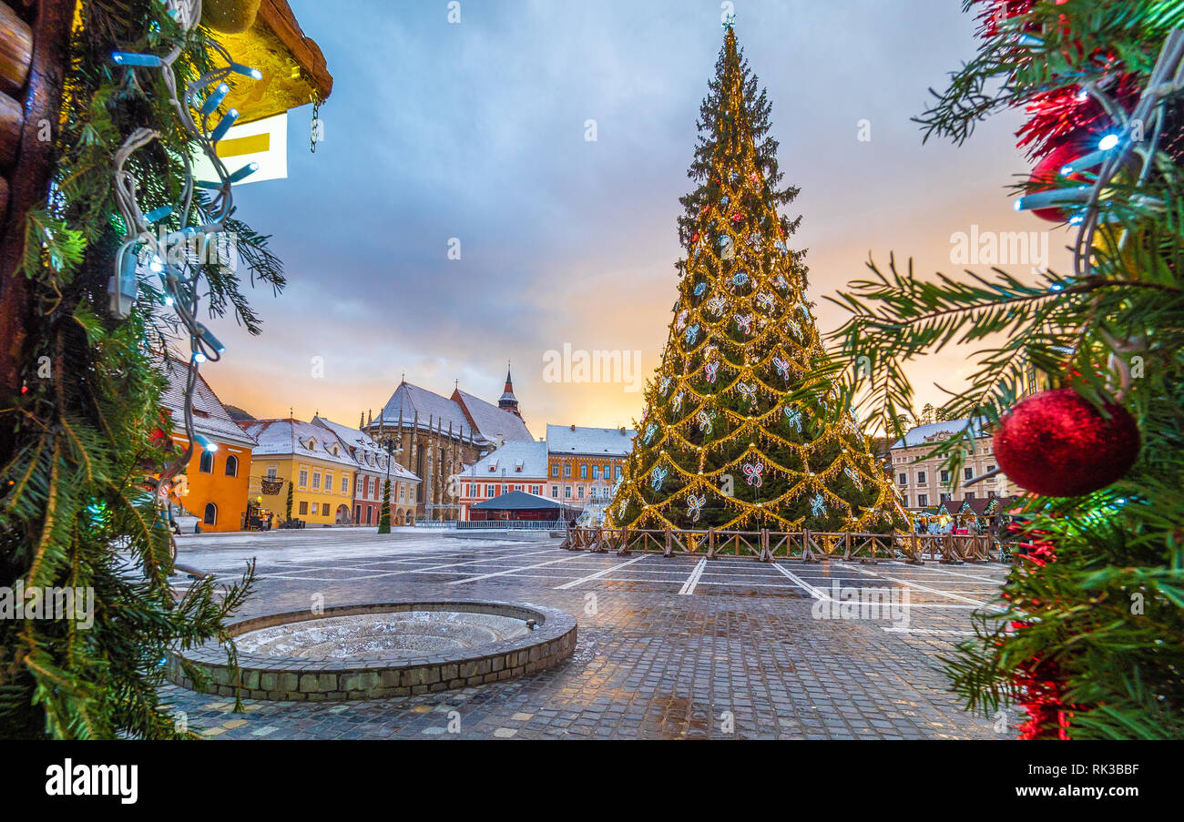 Christmas market and decorations tree in center of Brasov town ...